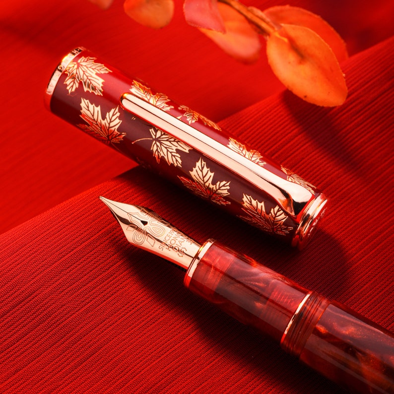 Hongdian N8 Fountain Pen Red Resin Gold Plated Maple Leaf, Iridium ...