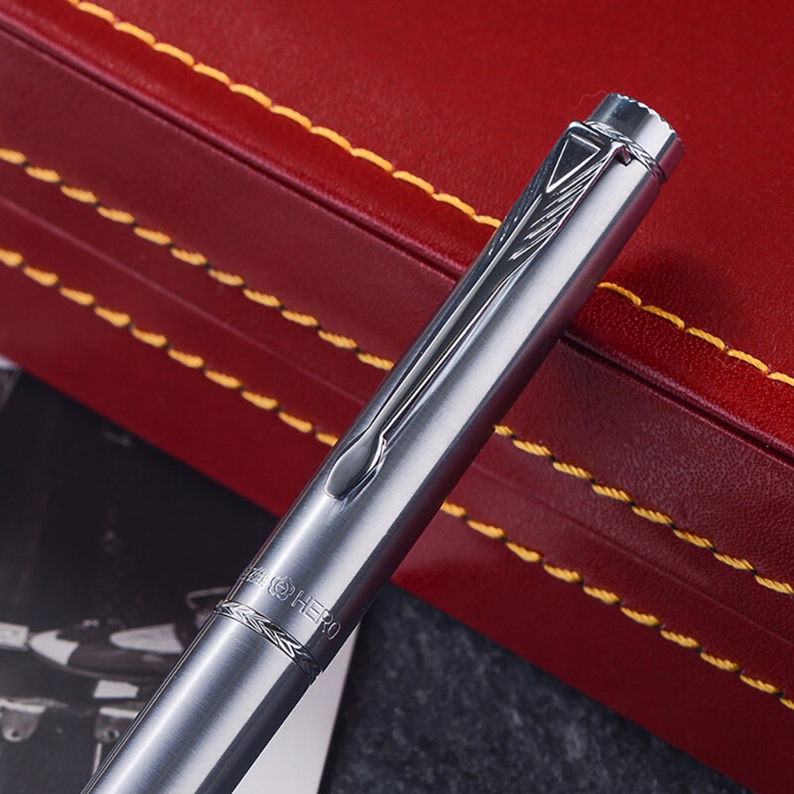 Hero 200A Classic Stainless Fountain Pen, 14K Gold Fine Nib Silver Trim ...