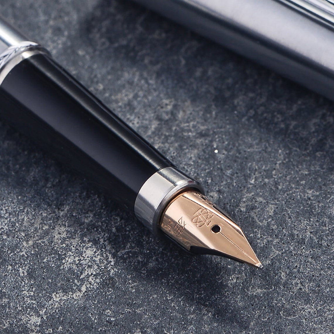 Hero 200A Classic Stainless Fountain Pen, 14K Gold Fine Nib Silver Trim ...