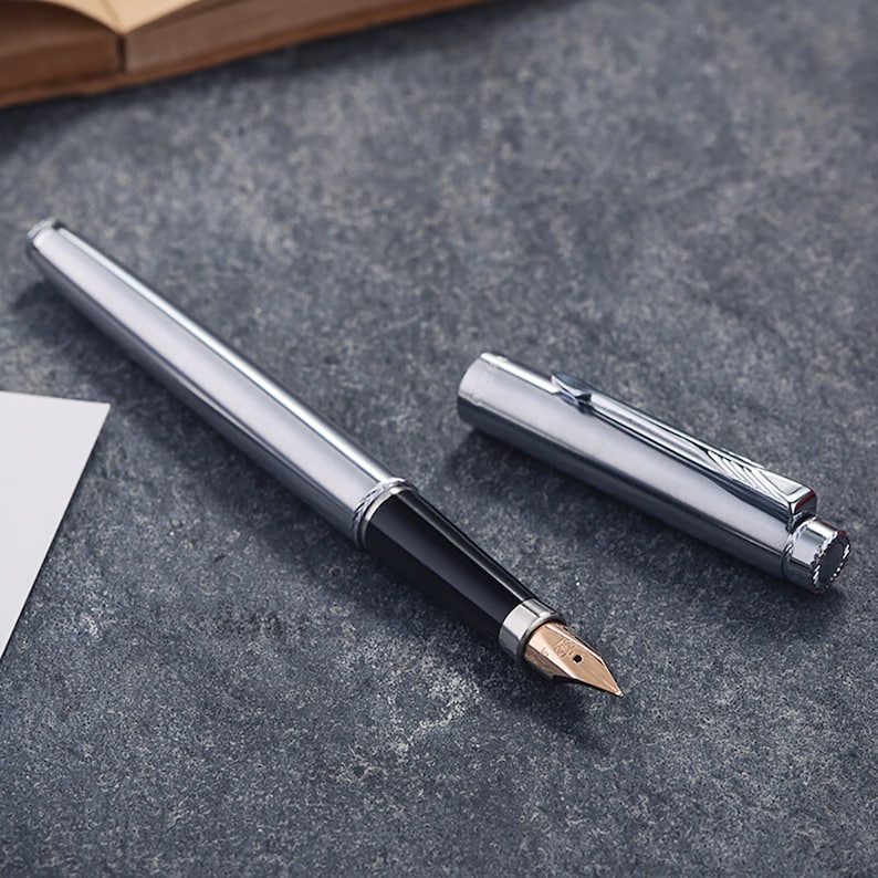 Hero 200A Classic Stainless Fountain Pen, 14K Gold Fine Nib Silver Trim ...