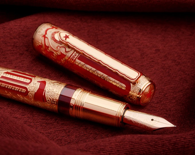 Hongdian 100 Fountain Pen 14K Gold Nib Calligraphy Pen, Red-gold Piston ...
