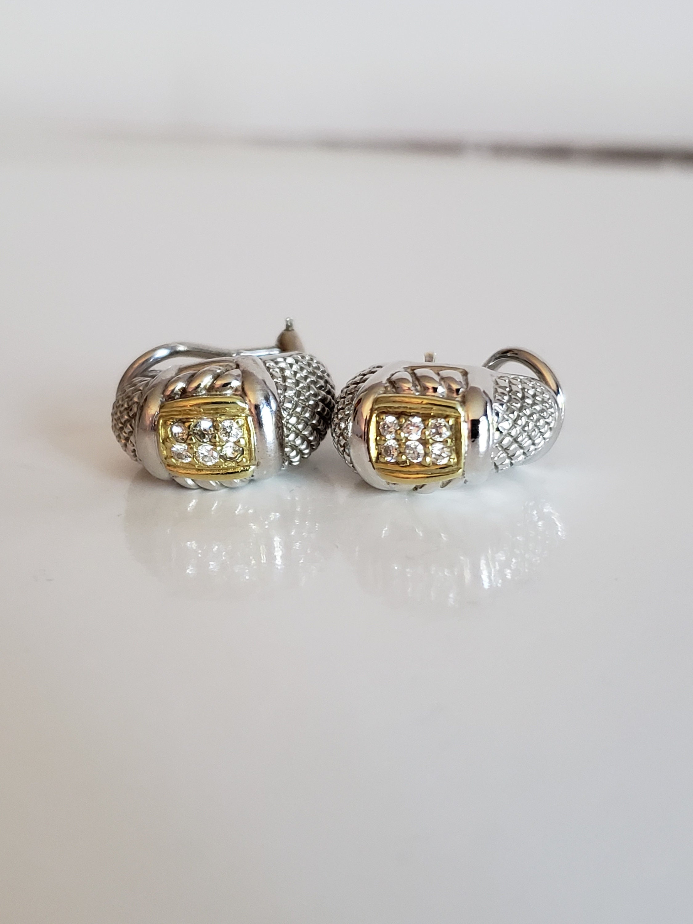 Judith Ripka Two Diamond 18K Yellow Gold 925 Sterling Silver Huggie ...