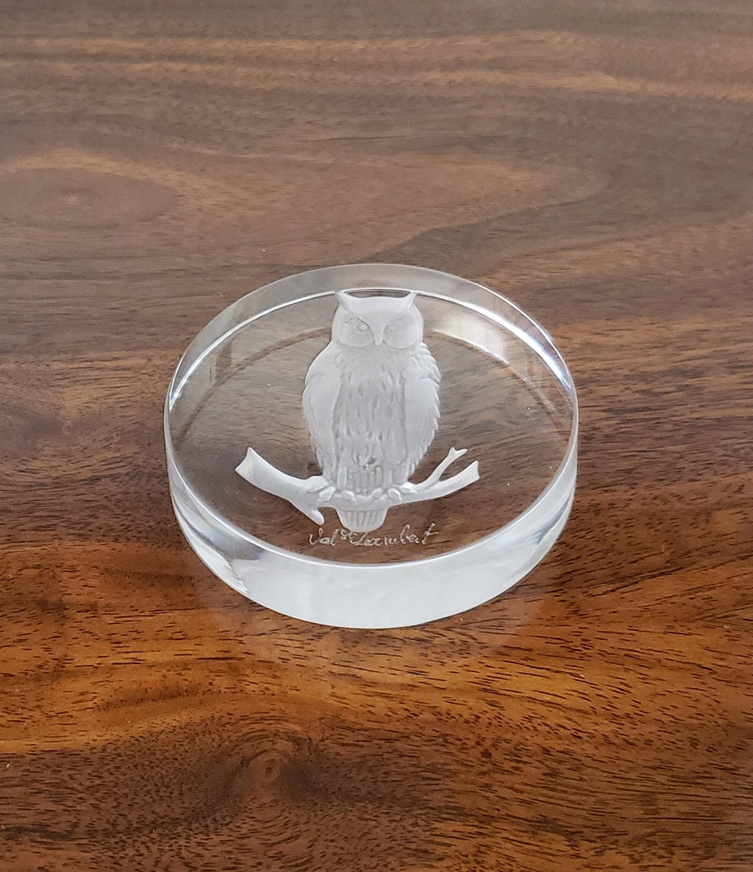 Val Saint Lambert Owl Intaglio Crystal Paperweight 3 1/4 Round Vintage ...