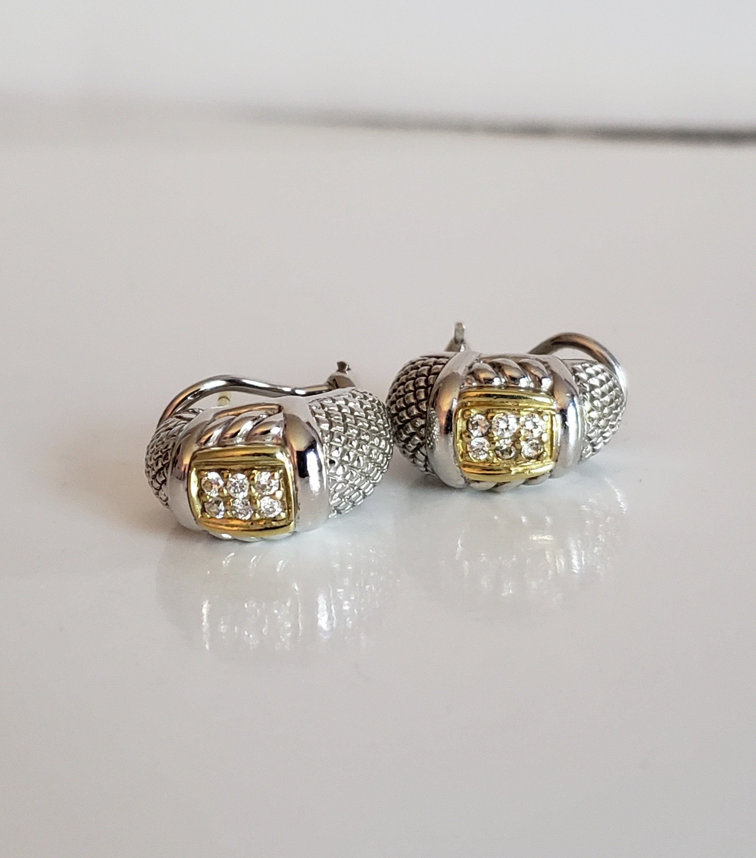 Judith Ripka Two Diamond 18K Yellow Gold 925 Sterling Silver Huggie ...