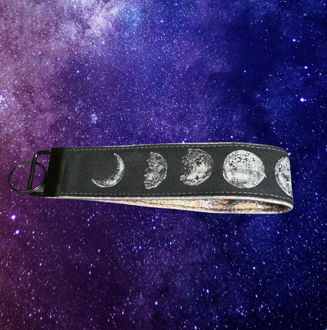 Moon Phases Key Fob Hand Stamped Key Fob Handsewn Wristlet Moon Phases ...