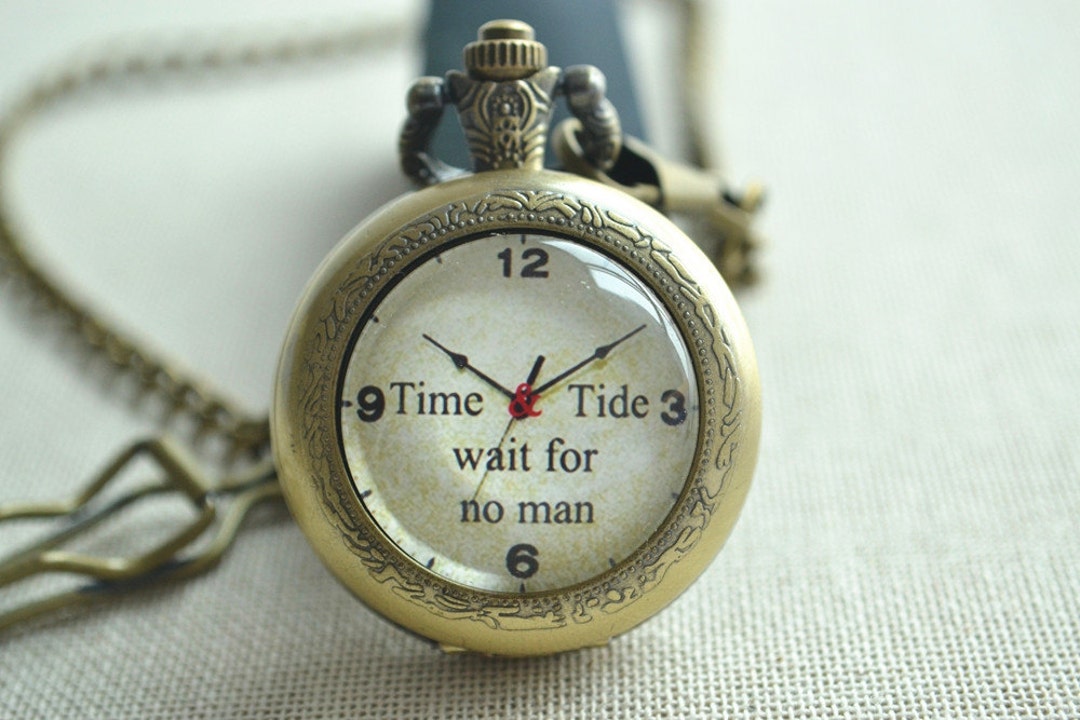 Steampunk Pocket Watch,'time Tide Wait for No Man ' Quote Necklace ...