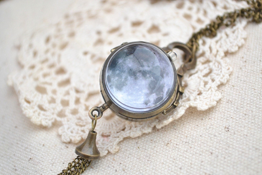 Full Moon Pocket Watchspace Moon Pendent Necklacedouble - Etsy