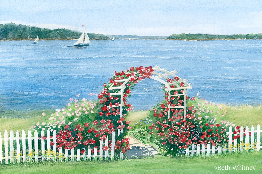 Rose Arbor Cottagecore Coastal Watercolor Print, Maine Ocean Painting ...
