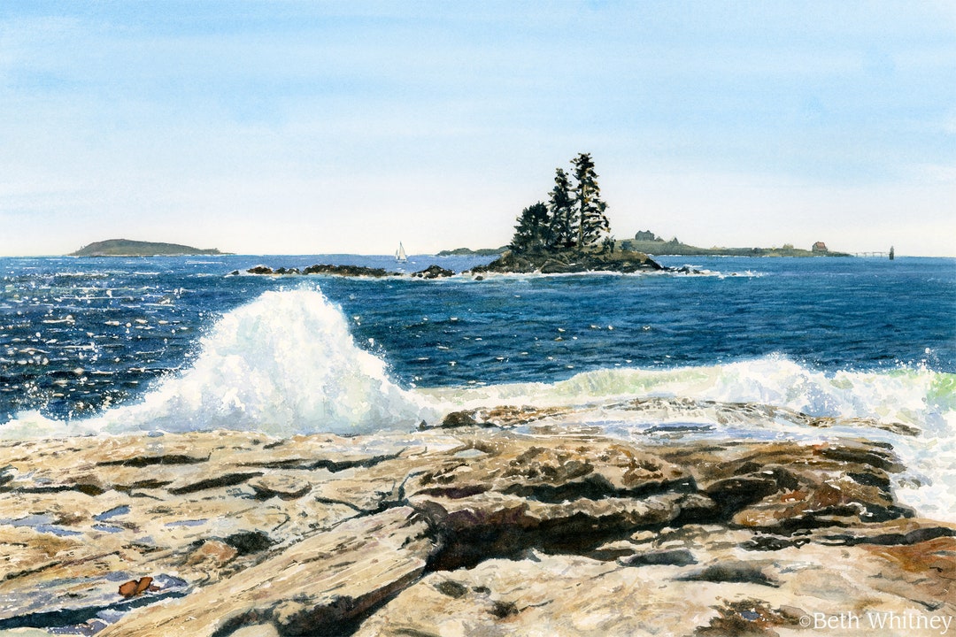Ocean Point Maine Watercolor Wall Art: Boothbay Harbor Seascape Print ...