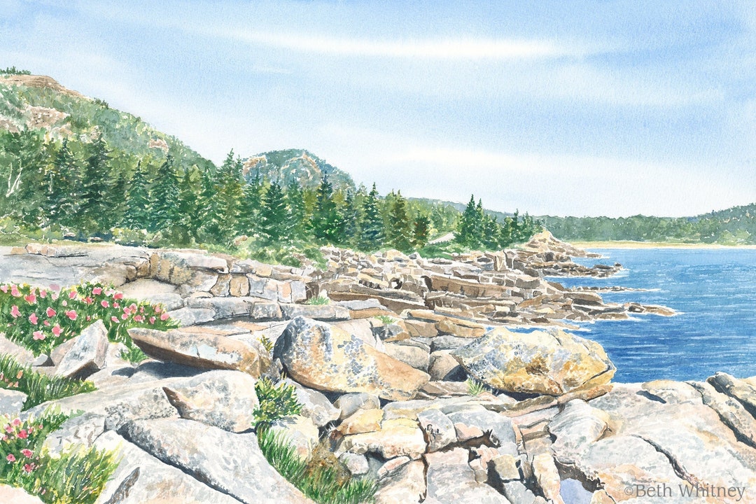 Acadia Maine Watercolor Painting, Bar Harbor Seascape, Coastal Maine ...