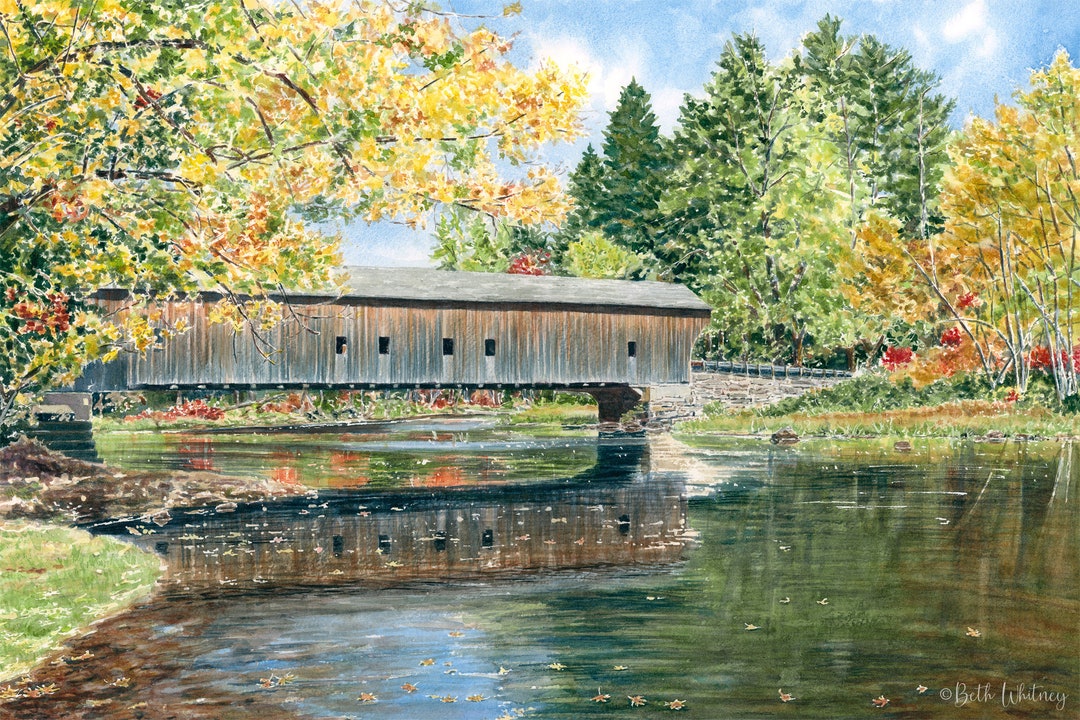 Maine Covered Bridge Art Print Landscape Painting New England Autumn ...