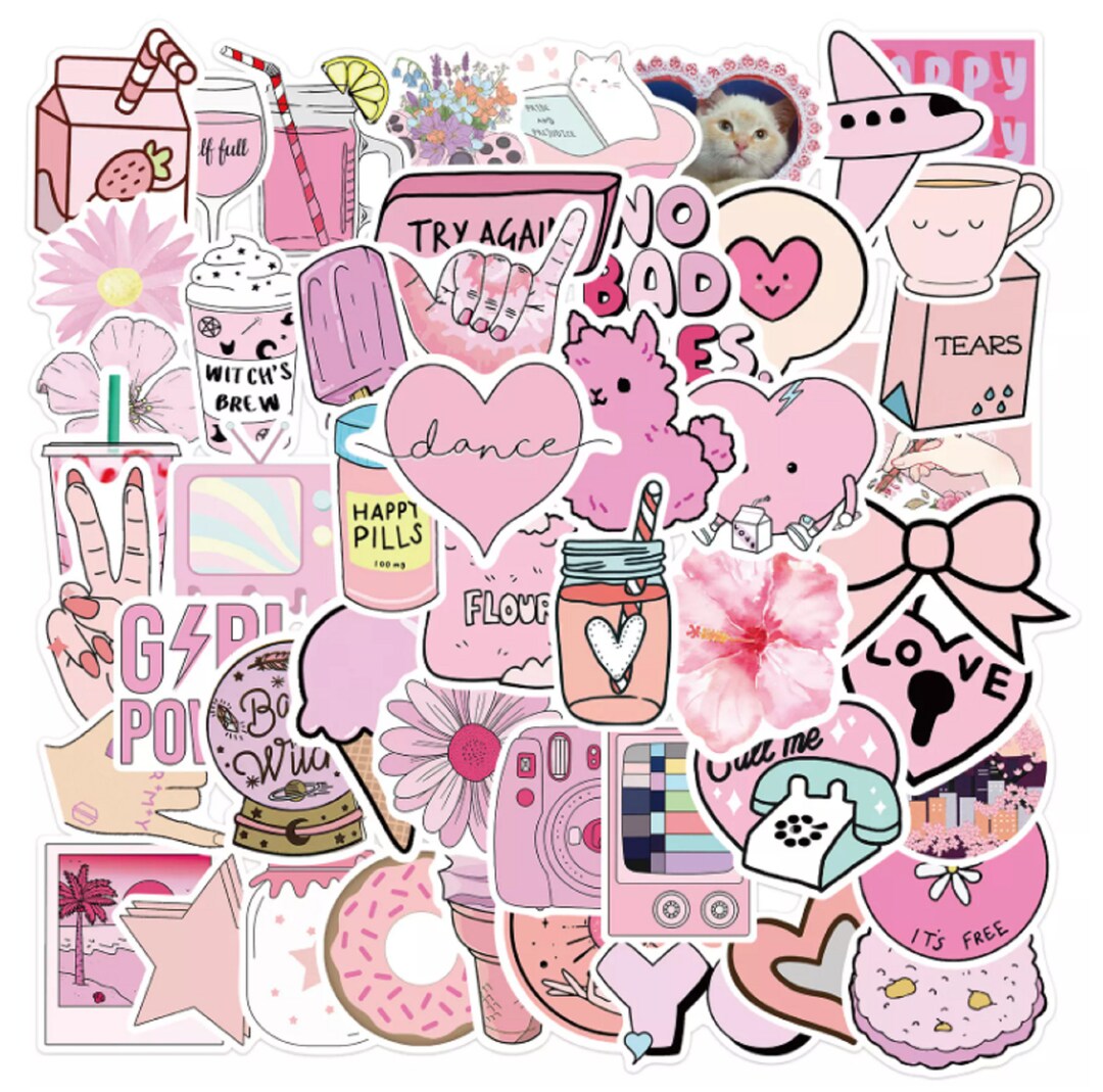 Pink Cute Stickers Pack | Heart Drinks Graffiti| Vinyl Laptop Stickers ...