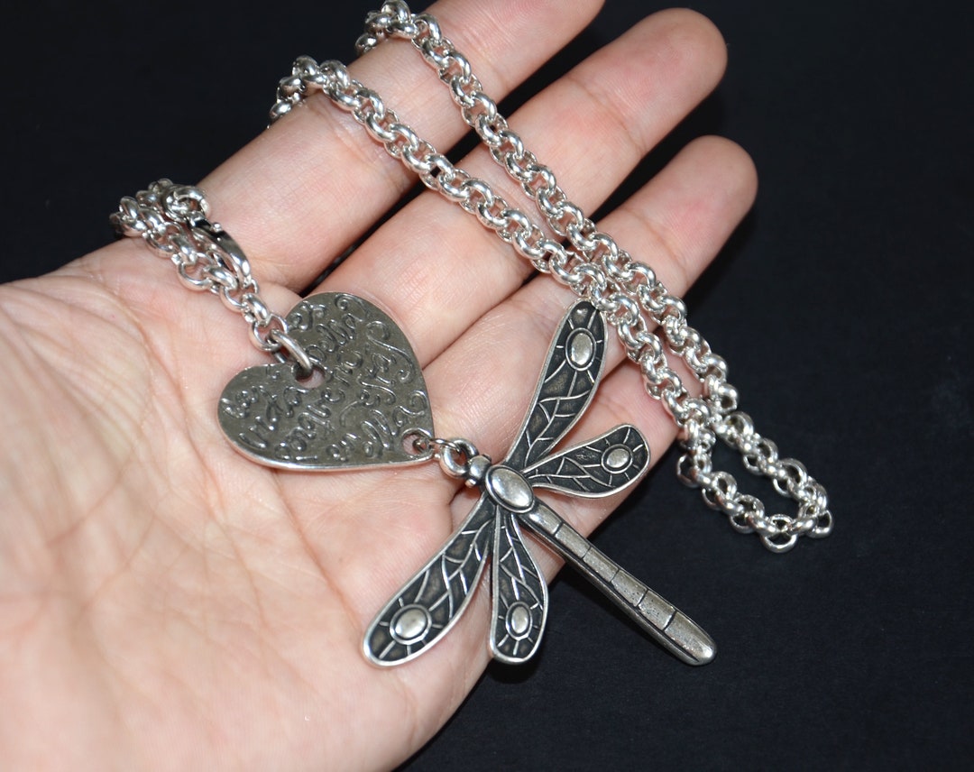 Silver Filled Chain Necklace: Dragonfly & Heart Pendant - Etsy