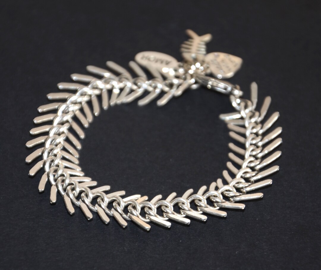 Antique Silver Fishbone Chain Bracelet, Unisex Vintage Style - Etsy