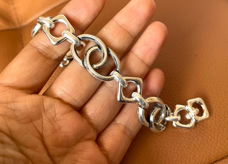 Thick Silver Plated Chain Bracelet-square Circle Connector Bracelet ...