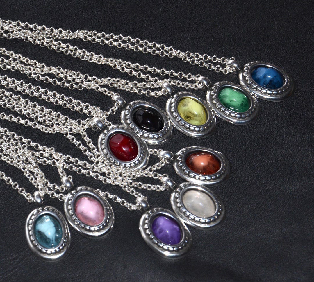 Thick Silver Plated Chain Necklace-resin Inserted Oval Pendant-pendant ...