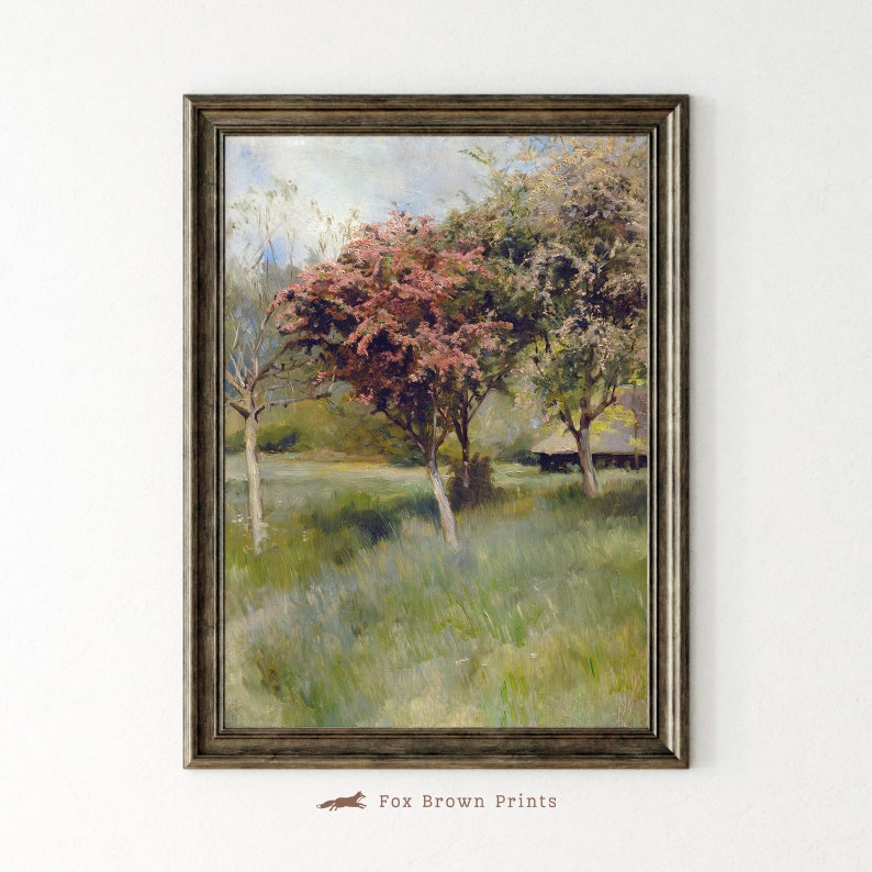 Vintage Tree Landscape Oil Painting: Antique Country Garden Scene ...
