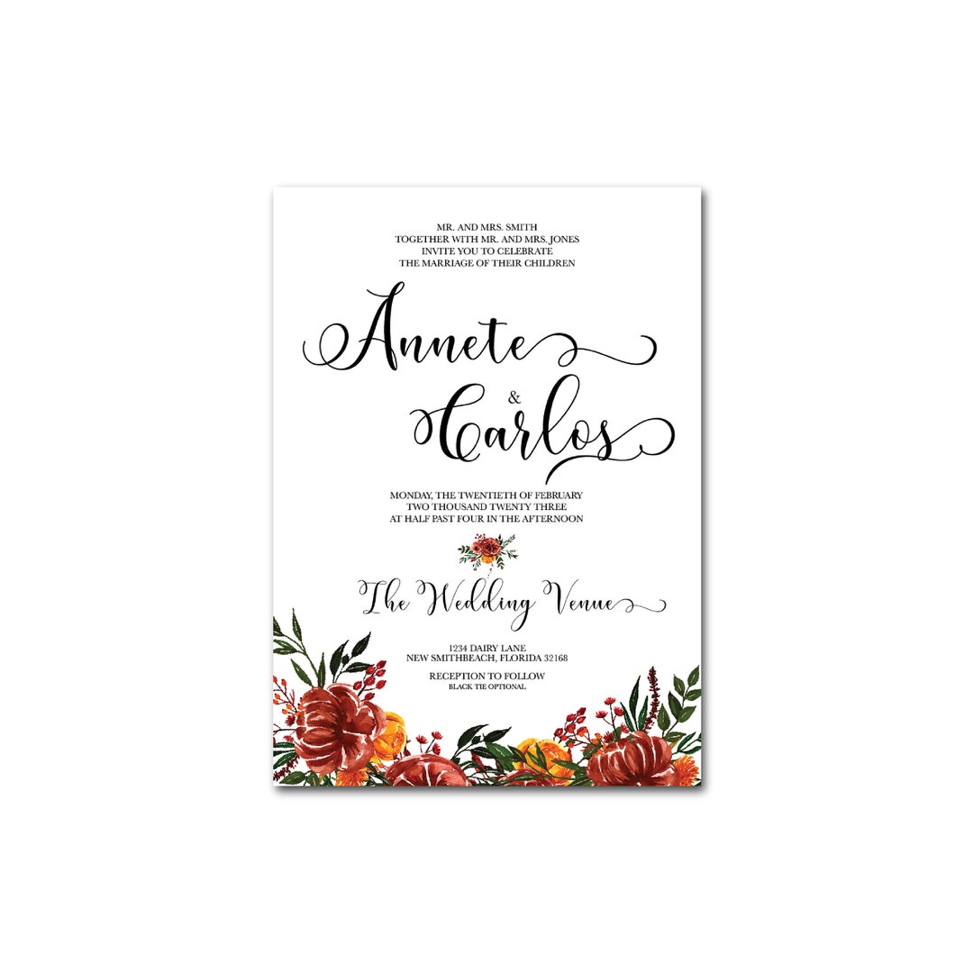 Rustic Wedding Invite With Burnt Orange and Green Flowers | Template ...