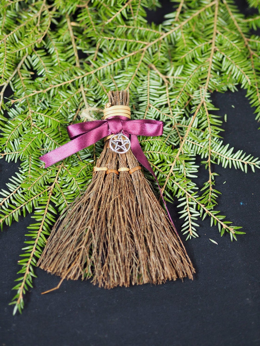 Small Cinnamon Broom or Besom With Pentagram & Plum Ribbon - Yule Tree ...