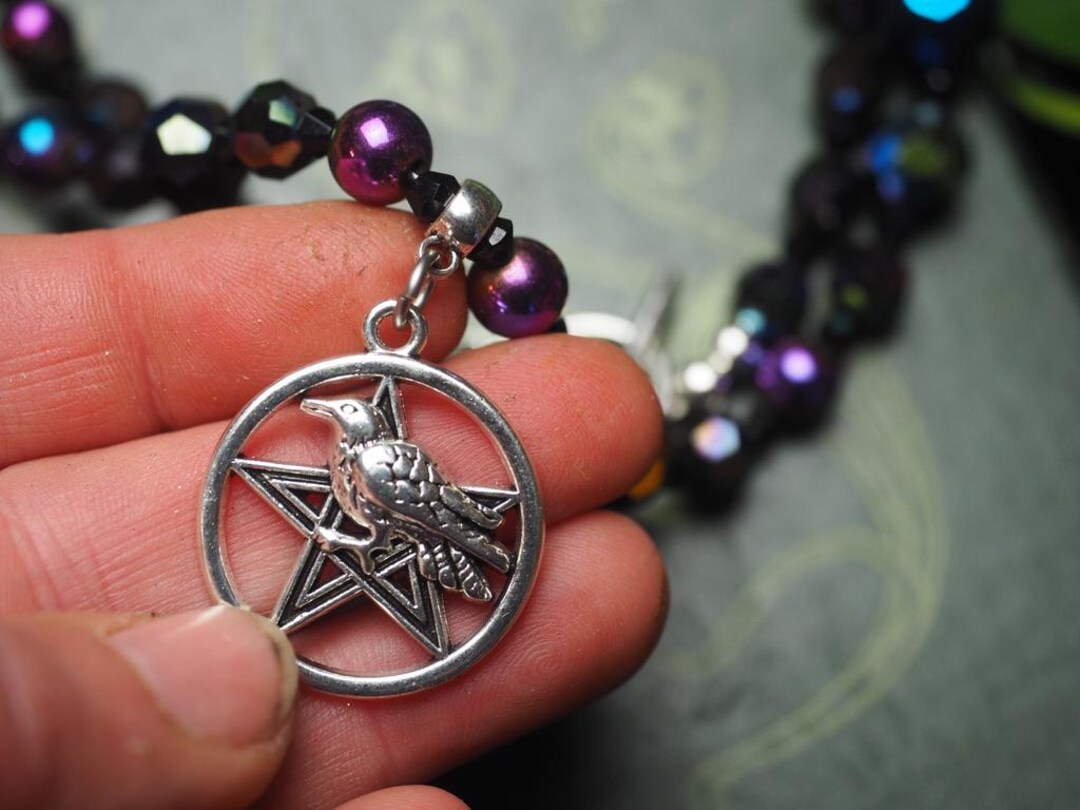 Crow Pentagram & Iridescent Vintage Glass Necklace for the Morrigan ...
