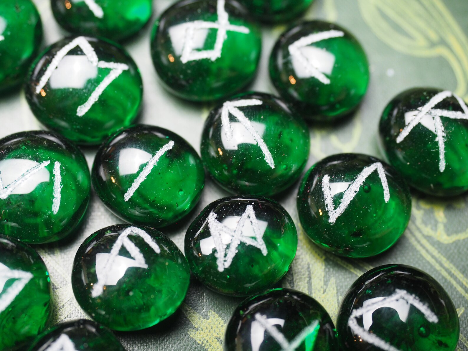25 Green Glass Elder Futhark Runes With Bag & Information | Etsy
