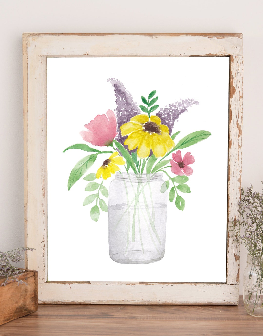 Mason Jar Flowers Watercolor Wall Art - Etsy
