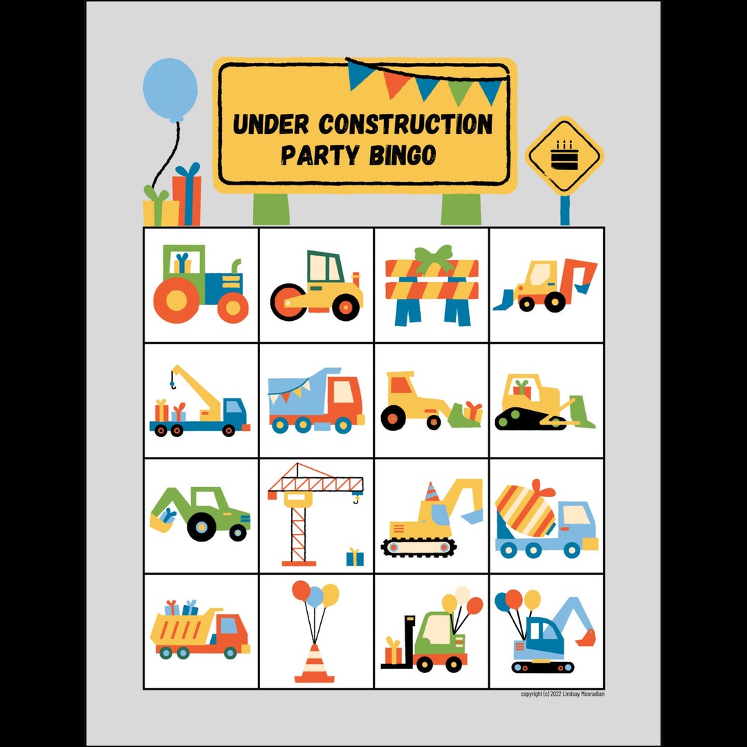 Under Construction Birthday Party Bingo - Construction Vehicle Bingo ...
