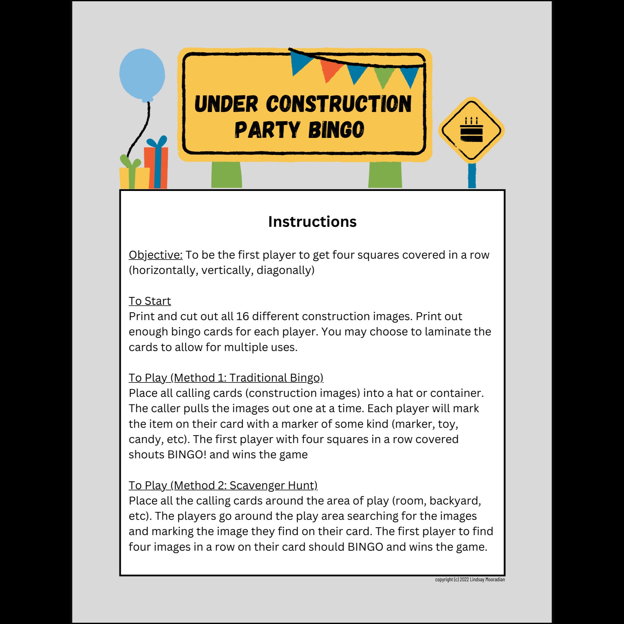 Under Construction Birthday Party Bingo - Construction Vehicle Bingo ...