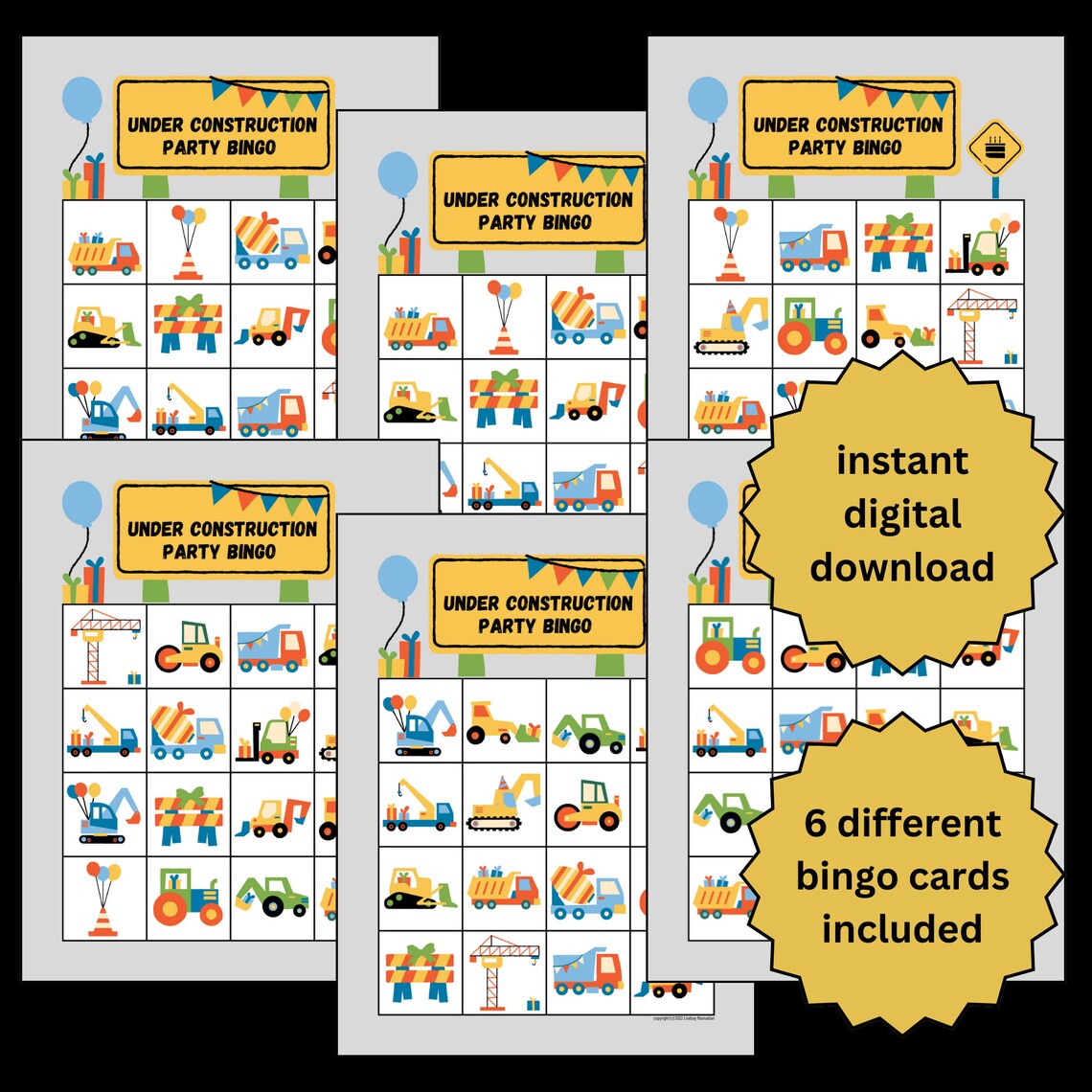 Under Construction Birthday Party Bingo Construction Vehicle Bingo ...