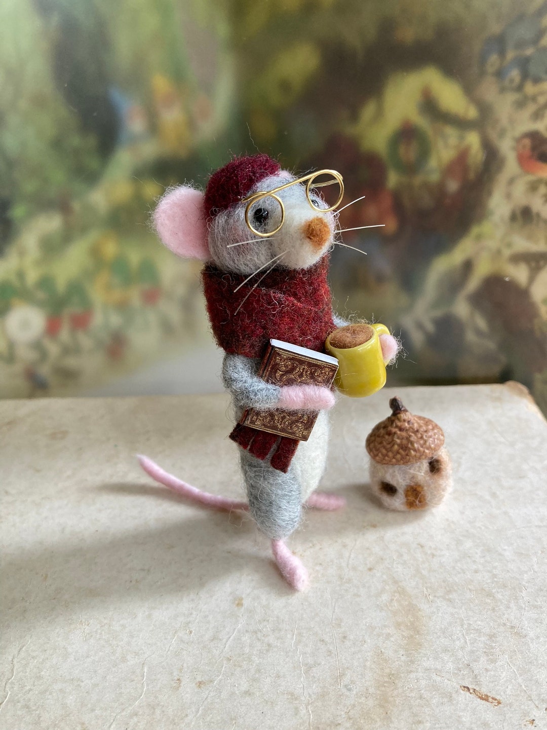 Needle Felted Mouse With Beret, Book and Tea Mug, Woodland Animal Gift ...