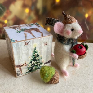 Felted Wool White Christmas Mouse on Holiday Block, Handmade Animal ...