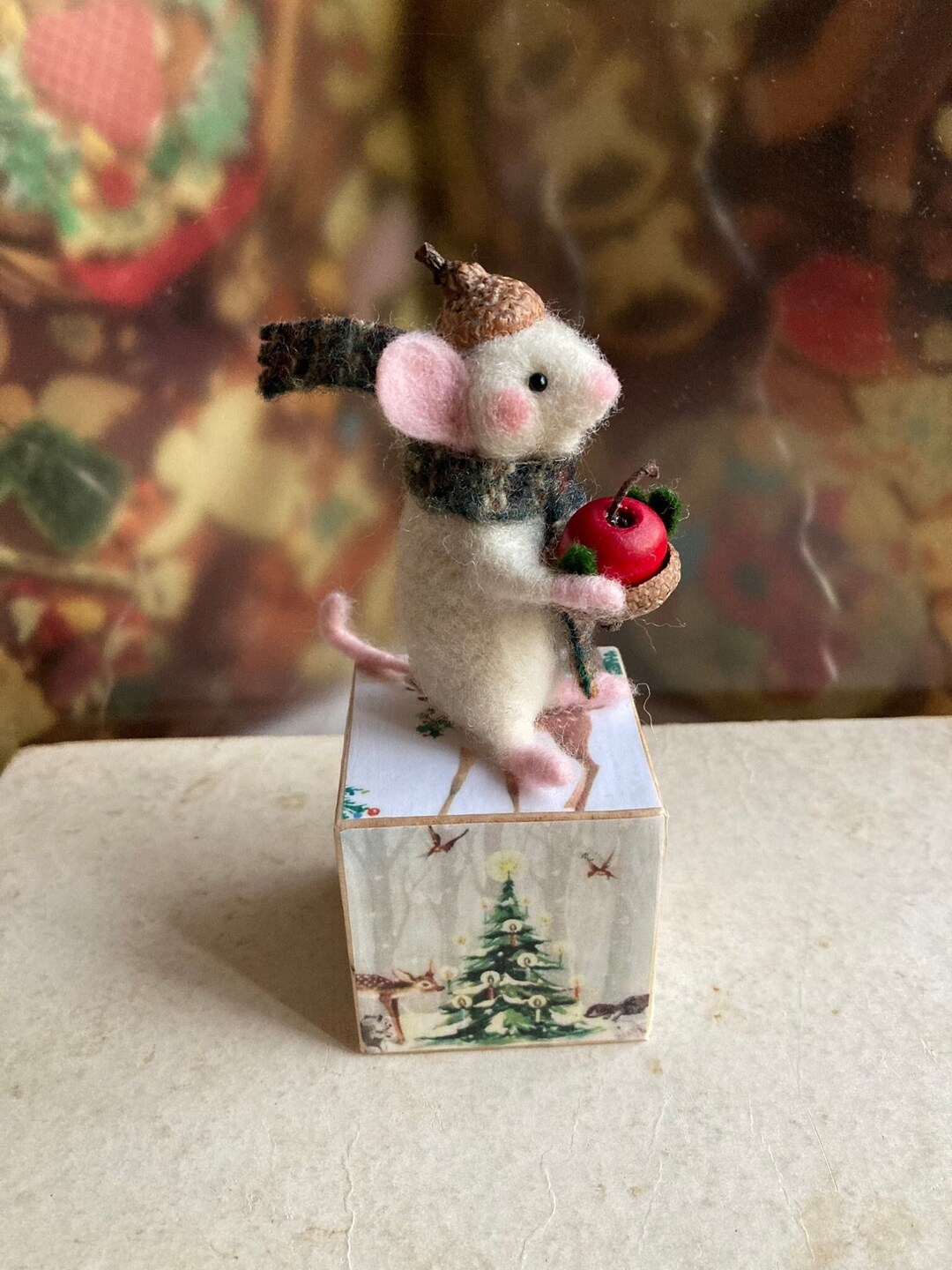 Felted Wool White Christmas Mouse on Holiday Block, Handmade Animal ...