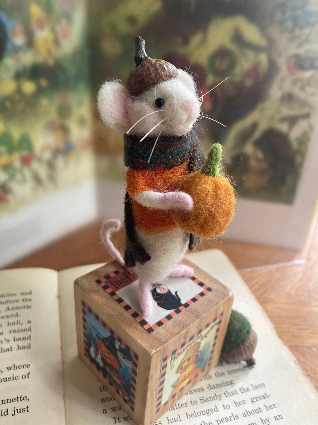 Felted Wool Halloween White Mouse With Spooky Block and Pumpkin ...