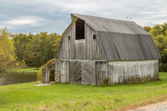 Gray Barn by Pond Fall White Barn Photo Country Decor Wall - Etsy
