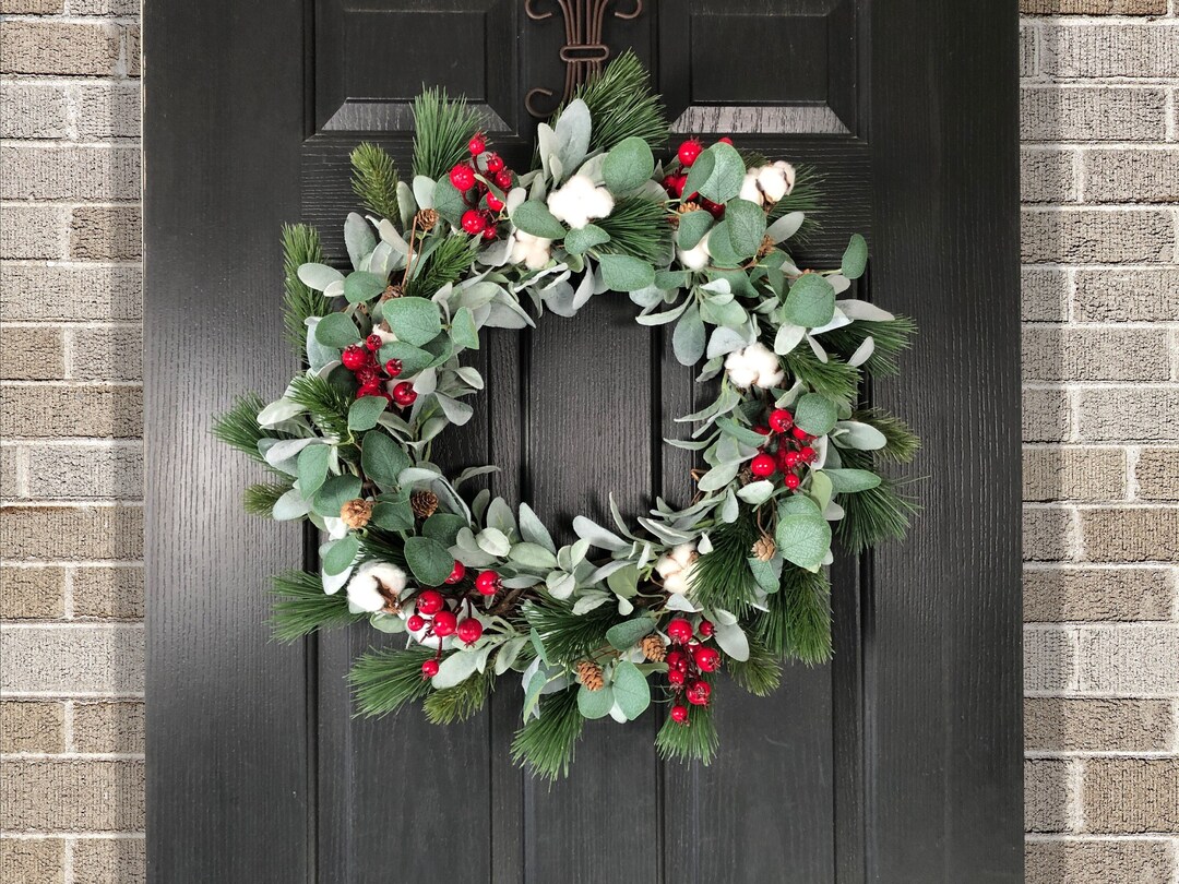 Winter Farmhouse Wreath, Eucalyptus Wreath With Cotton Blossoms ...