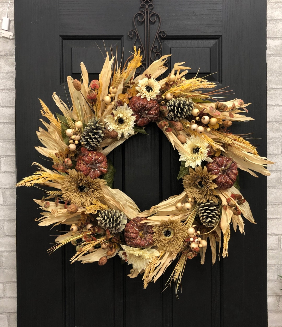 Neutral Fall Wreath With Corn Husks, Pumpkins, Sunflowers, Wheat and ...