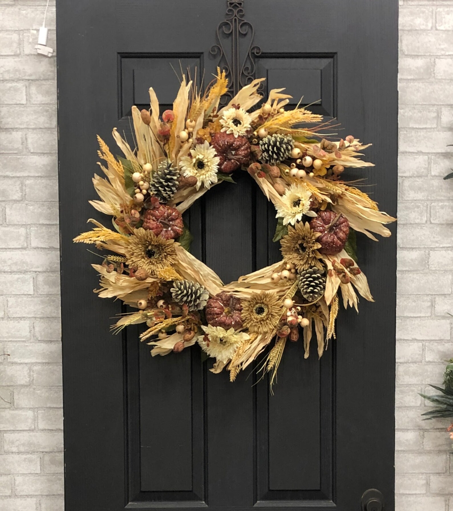 Neutral Fall Wreath With Corn Husks, Pumpkins, Sunflowers, Wheat and ...
