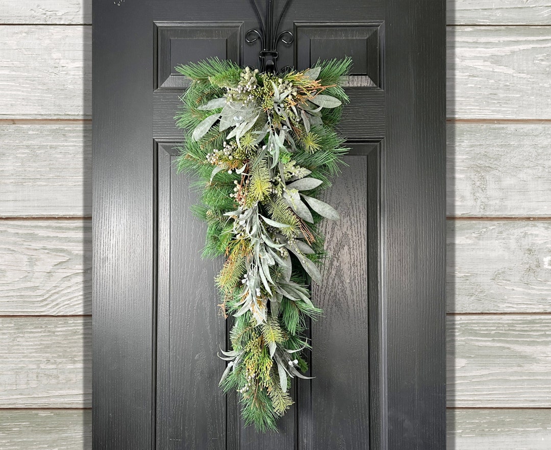 Seeded Eucalyptus & Pine Front Door Holiday Swag, 32 Large Christmas Teardrop Wreath, Winter ...