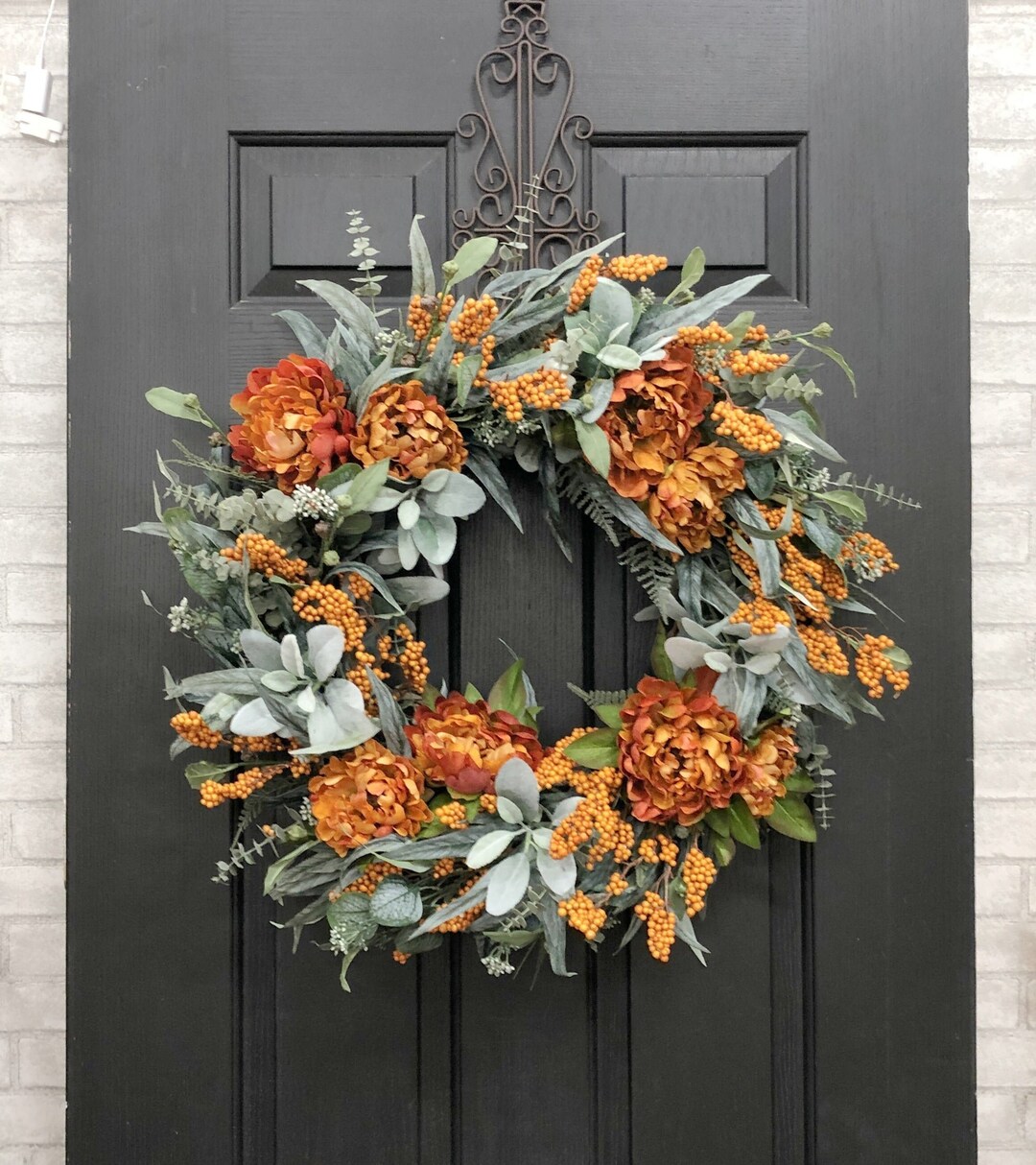 Fall Wreath With Eucalyptus, Lambs Ear, Orange Flowers and Berries ...