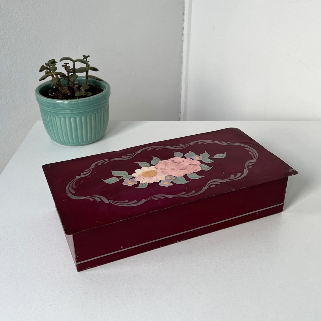 Vintage Tole Painted Metal Box-floral Lid Storage Box by Beautilities ...