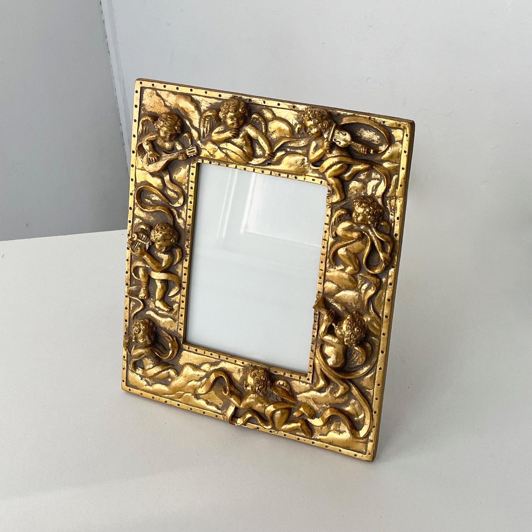 Vintage Gold Cherub Angel Picture Frame 9 X 11- Easel Back Ornate Resin ...