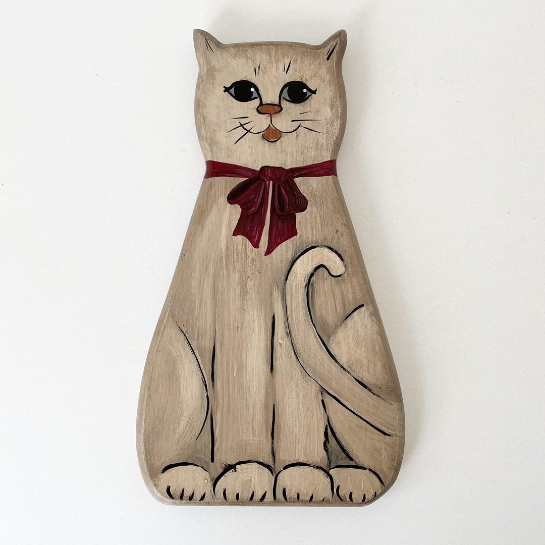 Vintage Wood Folk Art Cat Wall Art-hand Painted Wooden Sitting Cat With ...