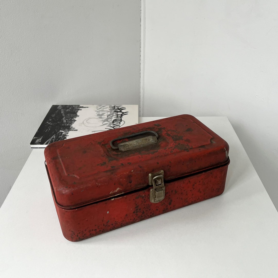 Vintage Metal Tool Box With Hinged Tray-industrial 2 Tier Tackle Box ...