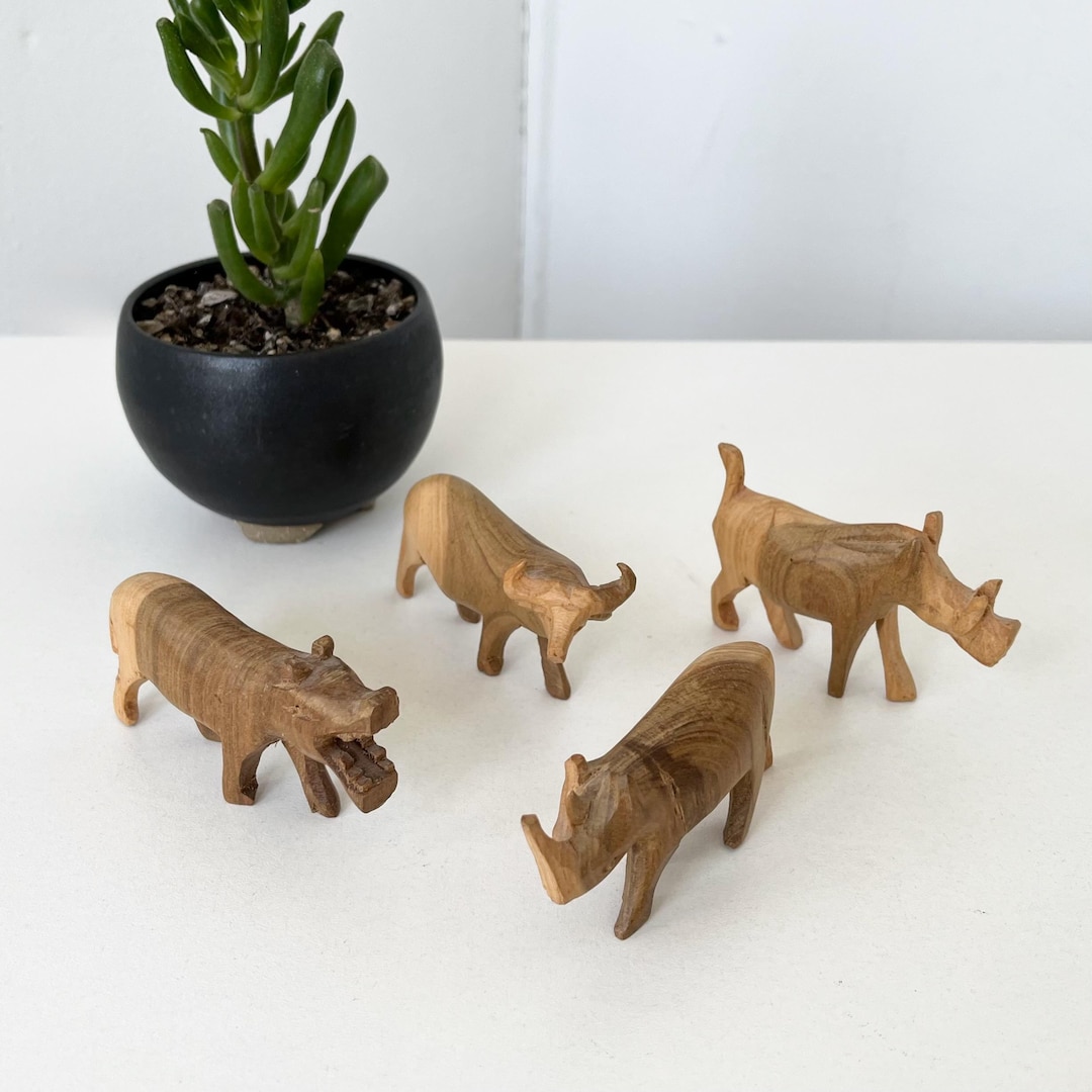 4 Vintage Hand Carved Small Wood Animals- Hippopotamus-rhinoceros ...