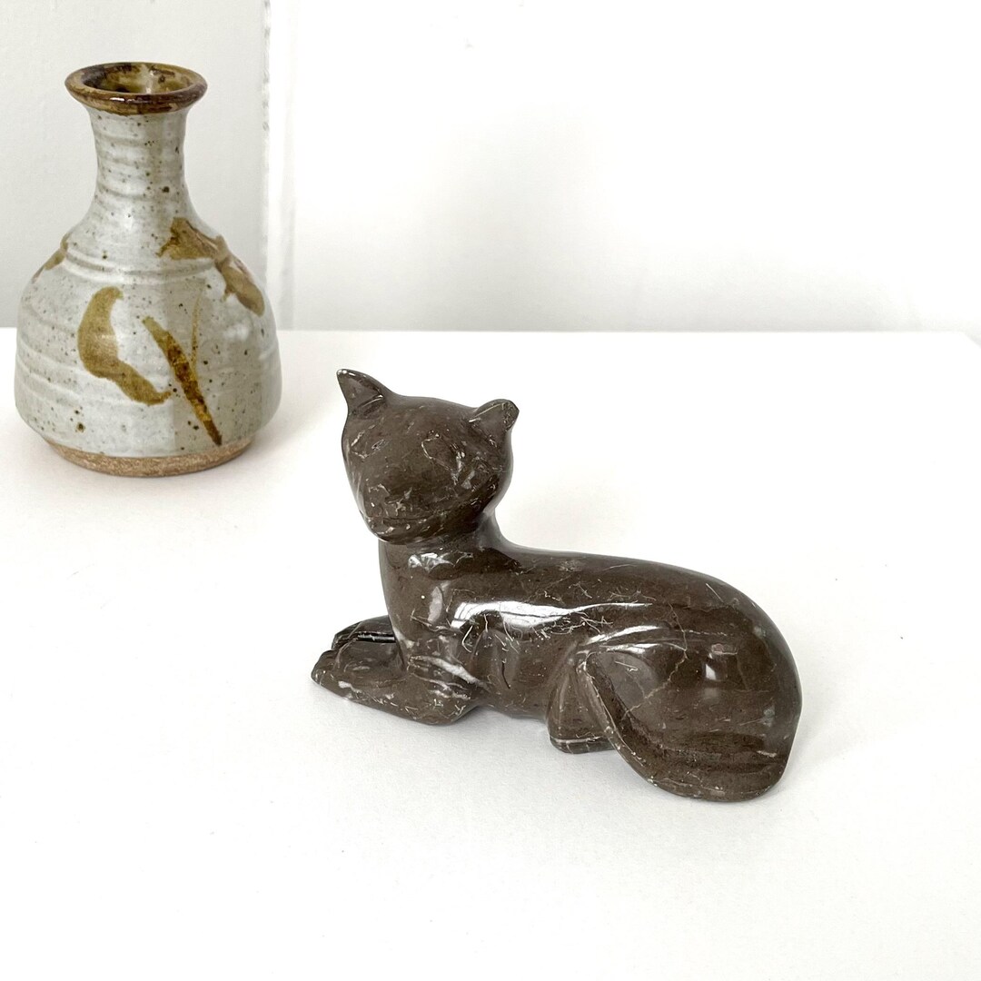 Carved Brown Marble Cat Figurine-vintage Stone Cat Sculpture - Etsy