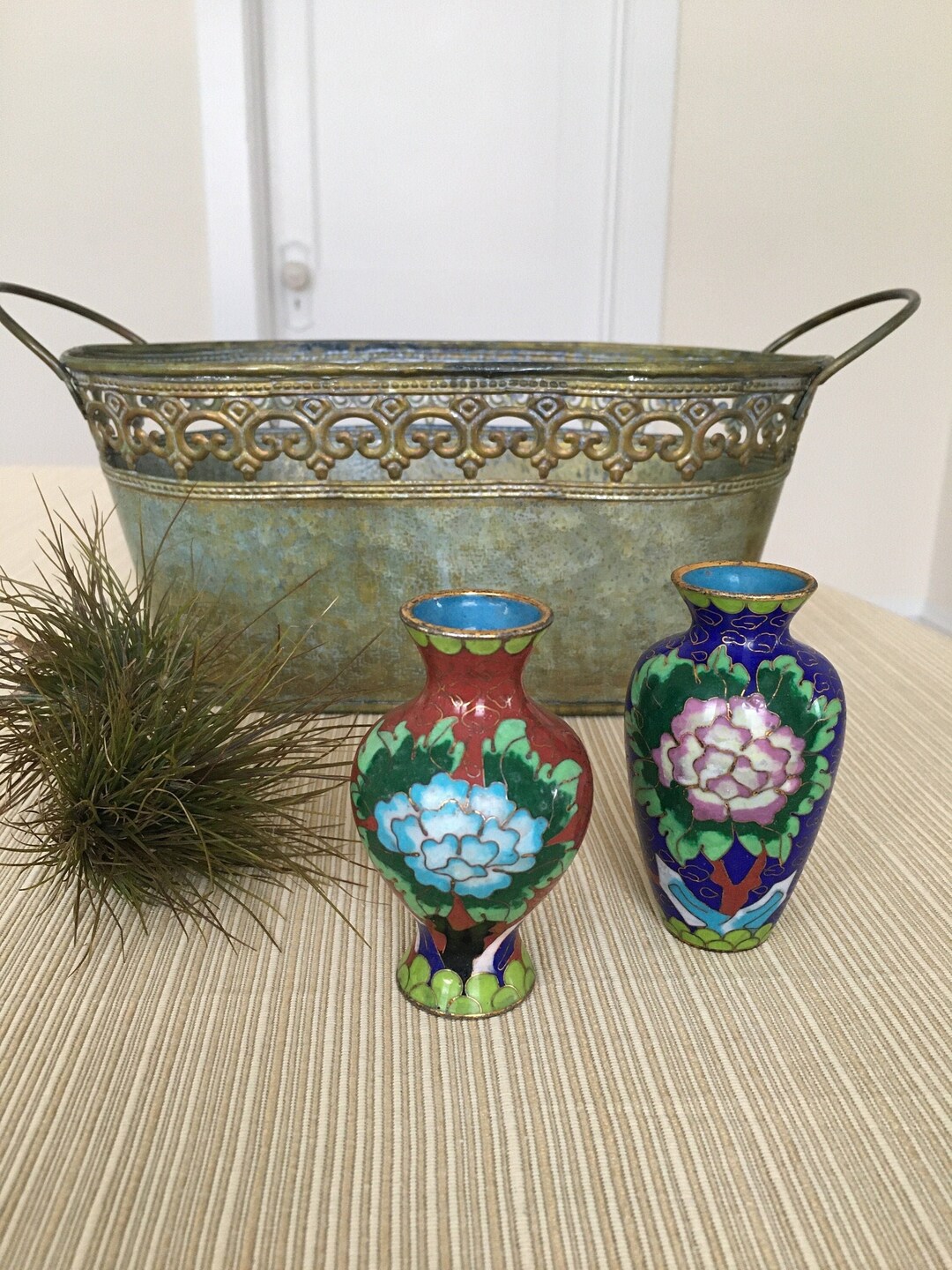 2 Miniature Chinese Cloisonne Enamel Vases-brass Asian Tiny Vase With ...
