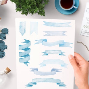 Watercolor Banner Clipart, Ribbons Clipart, Blue Banner Clipart, Baby ...