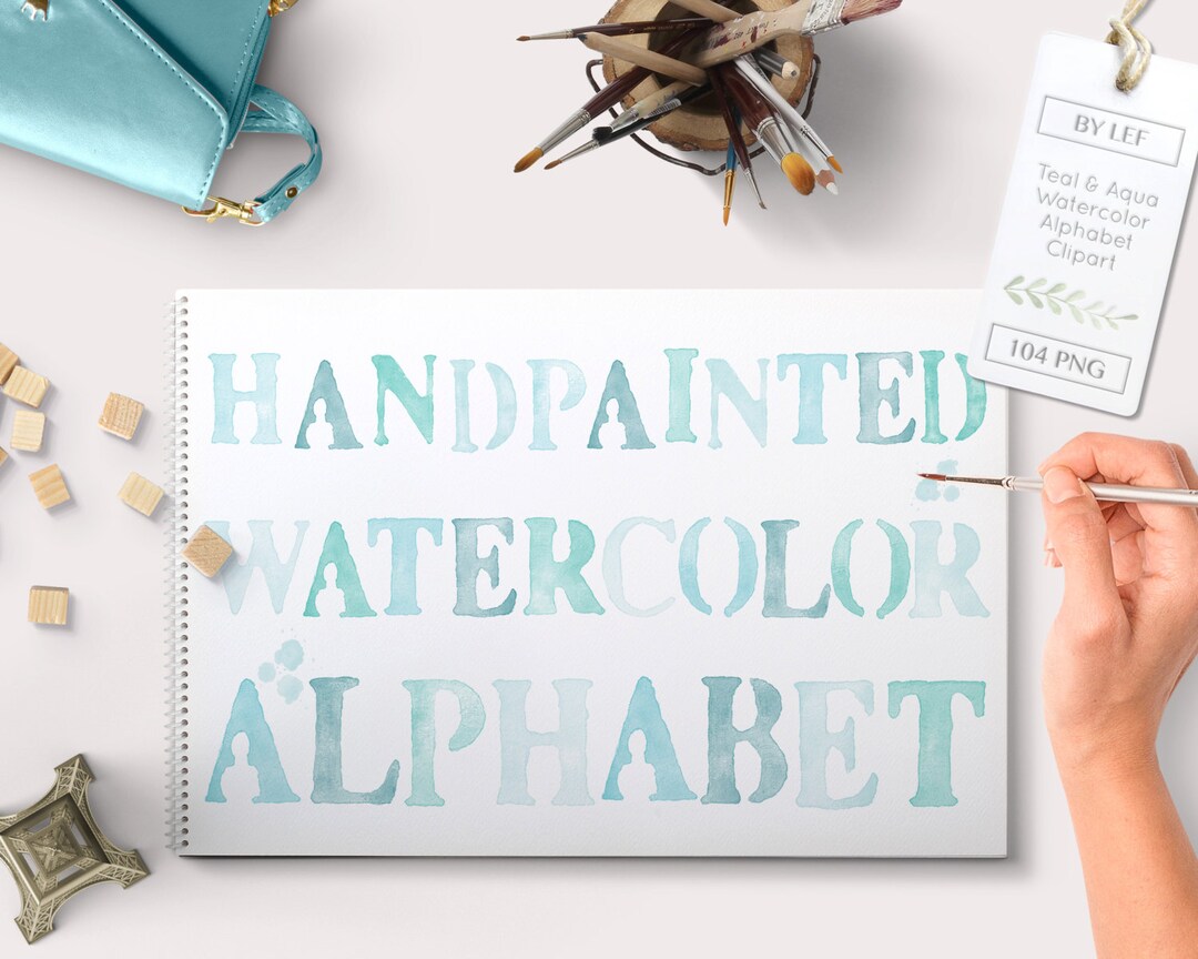 Watercolor Alphabet Clipart (104 Pc) Mint Teal Aqua Blue Turquoise ...