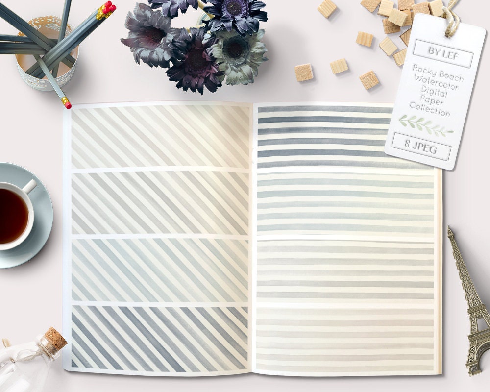 Digital Scrapbooking Paper Pack Watercolor Neutrals Stripes. Grey ...