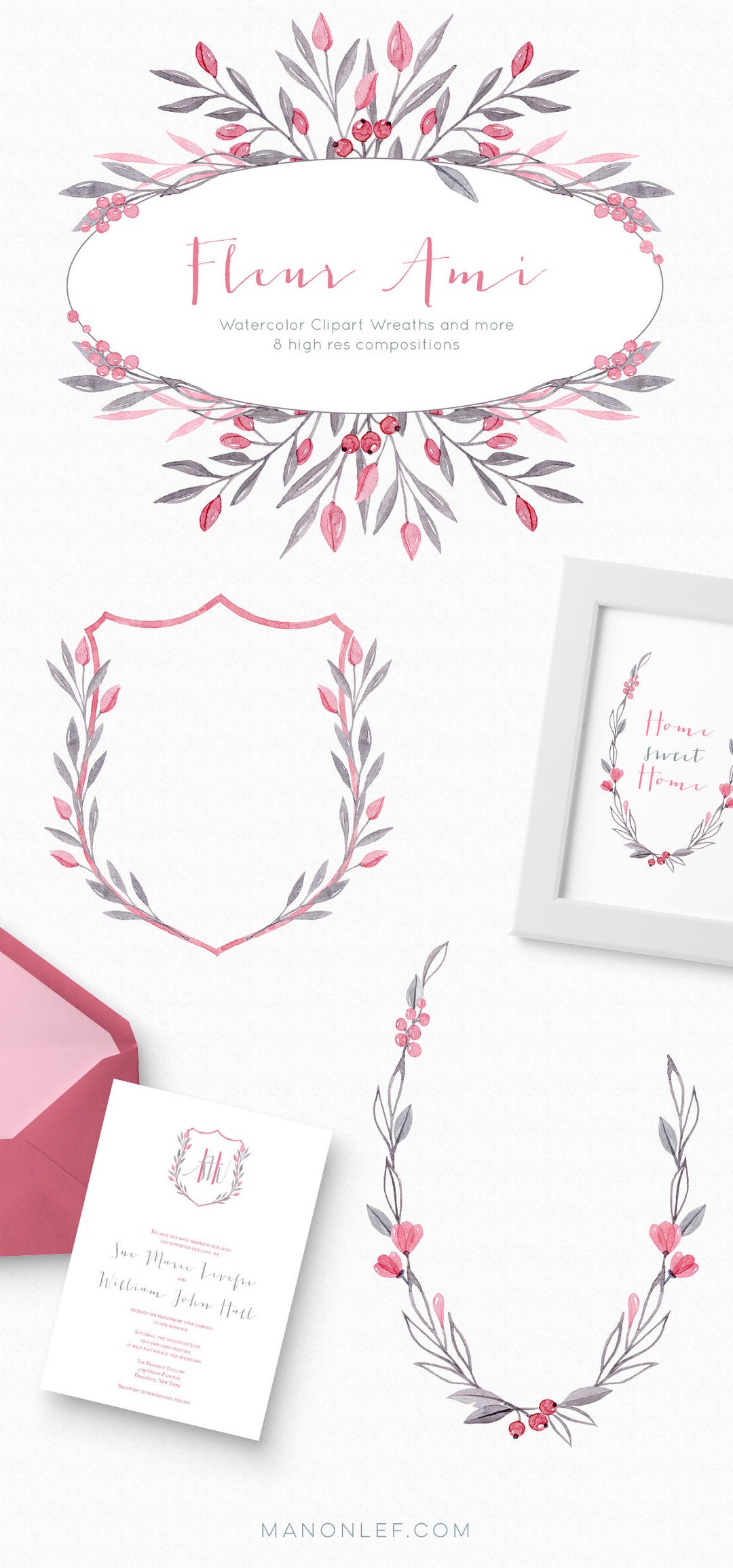 Watercolor Floral Clipart, Wedding Clipart, Wedding Graphics, Pink ...
